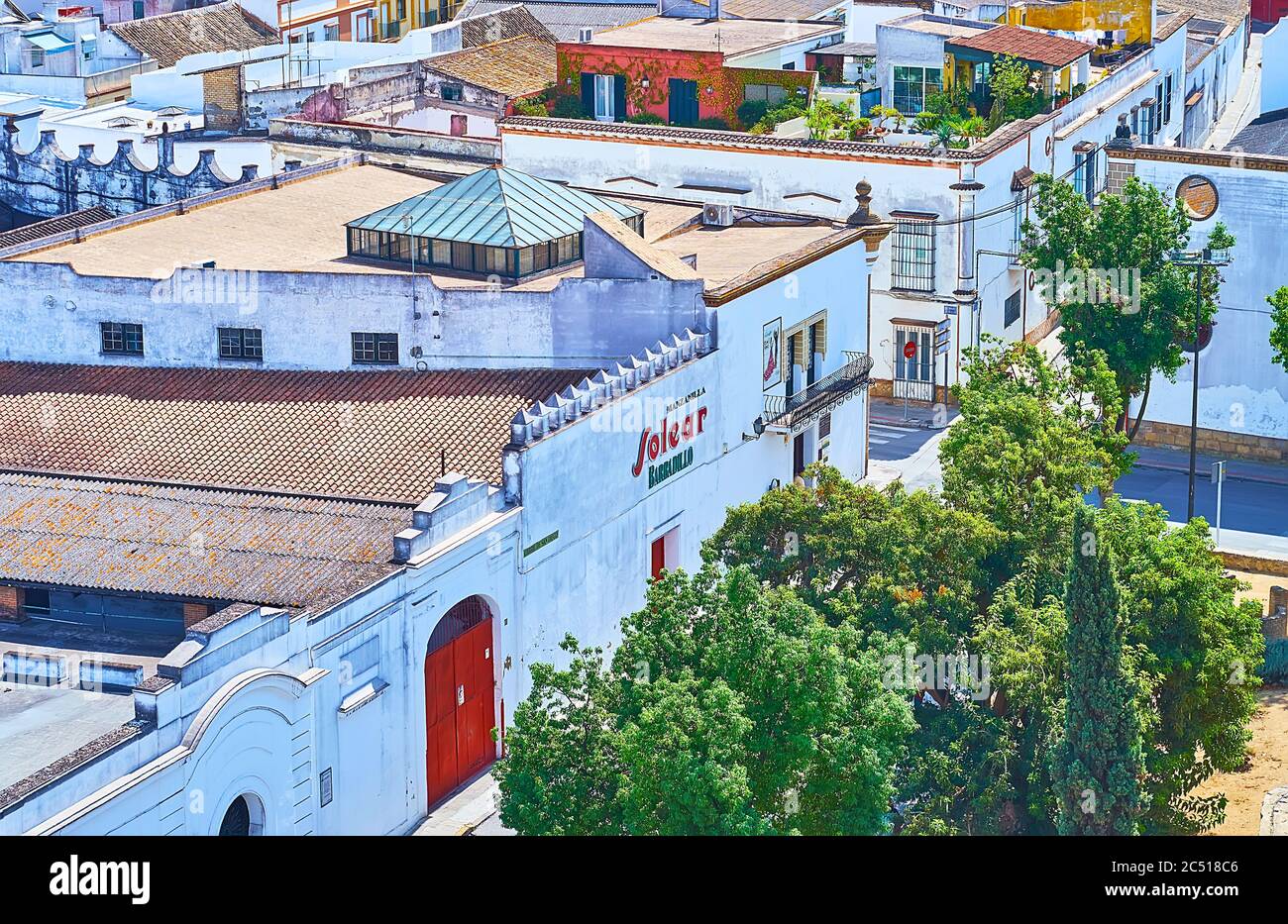 The top view on the vintage buildings of Bodegas Barbadillo winery from ...