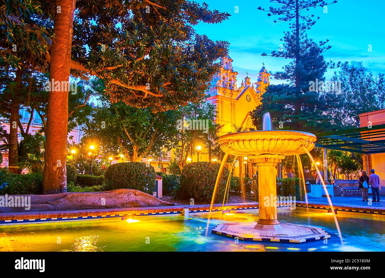 The evening in Alameda Apodaca and Marques de Comillas garden with a ...