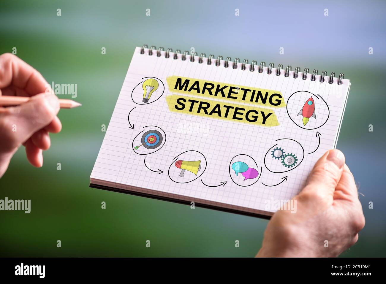 Hand drawing marketing strategy concept on a notepad Stock Photo - Alamy
