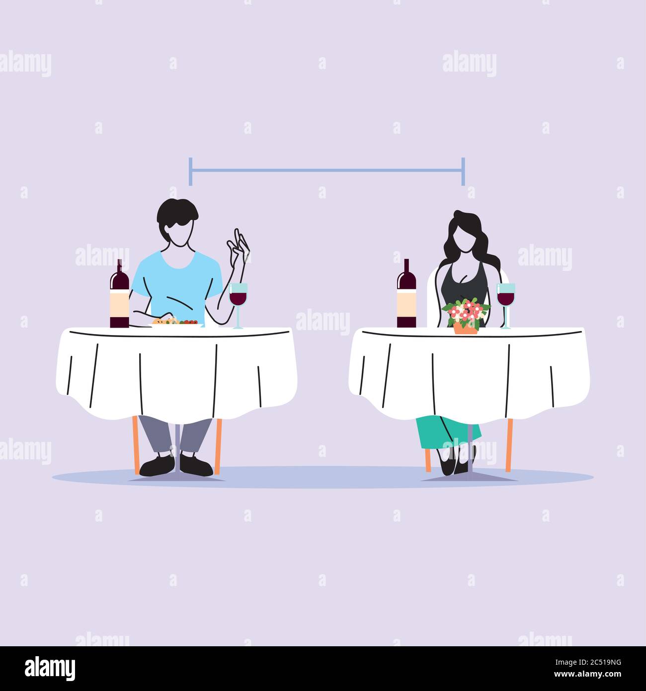 social distance in restaurant, a man and a woman sit a distance apart ...