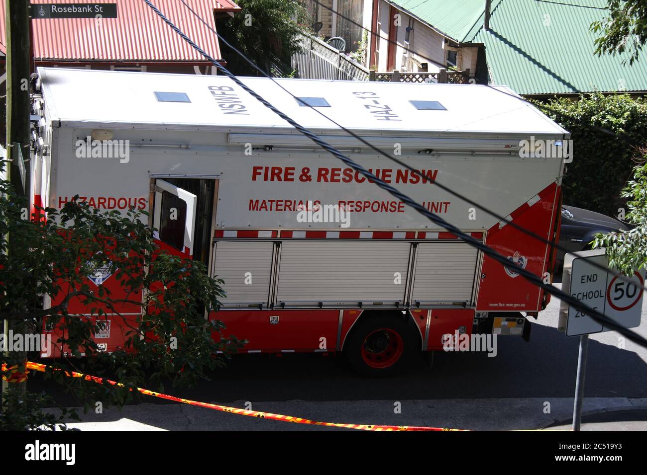A Hazardous Materials Response Unit vehicle parked on the Rosebank Street end of St James Lane ...
