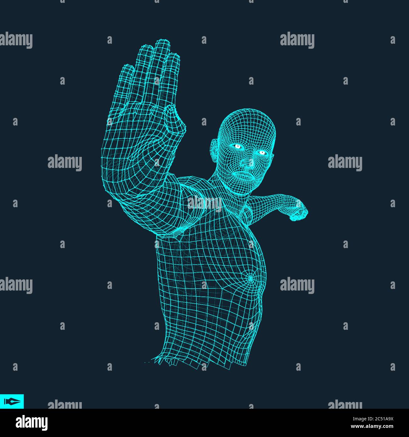 Vector man with hand up to stop. Human showing stop gesture. 3D model ...
