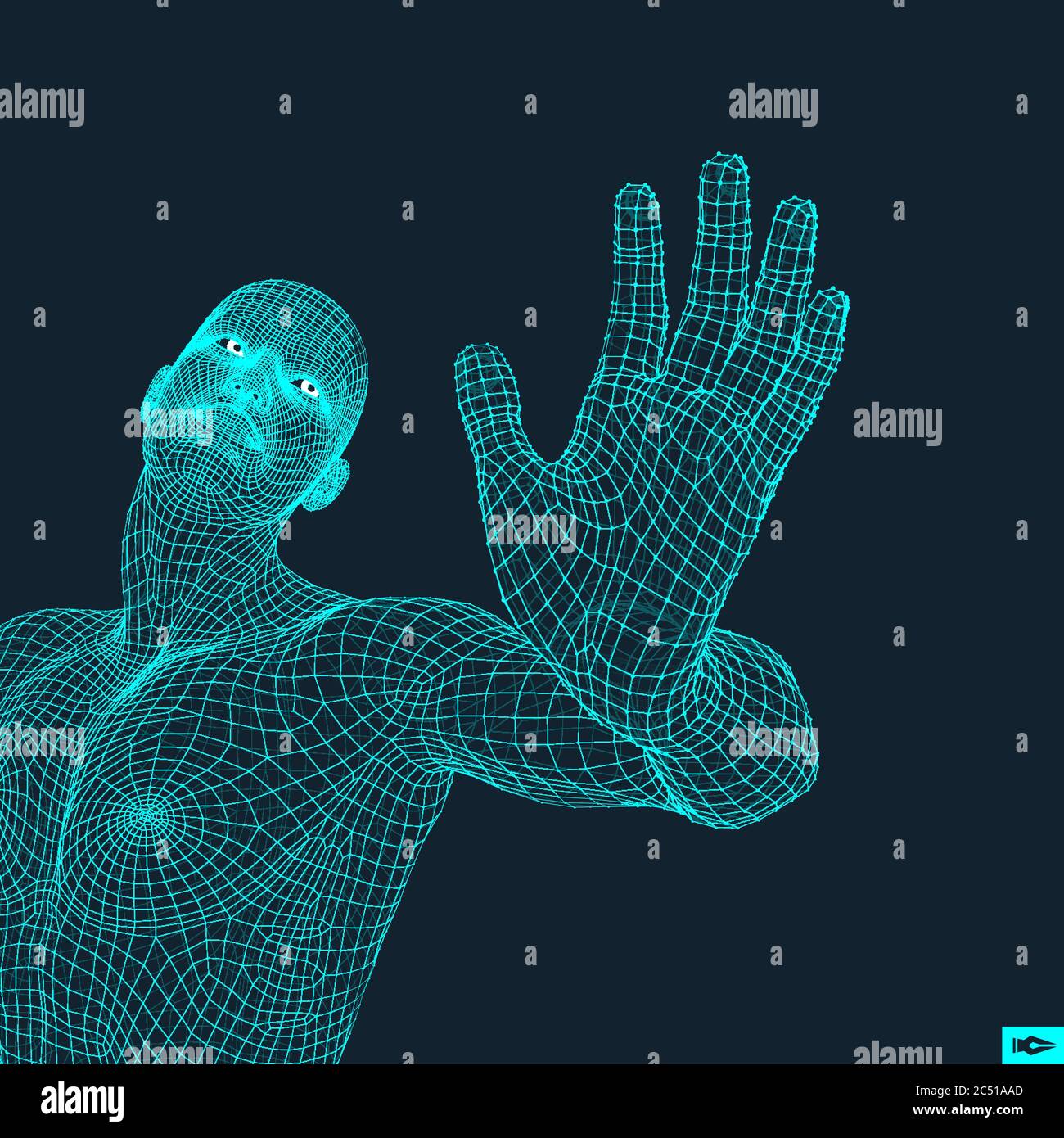 Vector man with hand up to stop. Human showing stop gesture. 3D model ...
