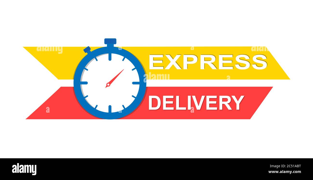 Stylized lettering Express delivery, with clock and color stripes ...