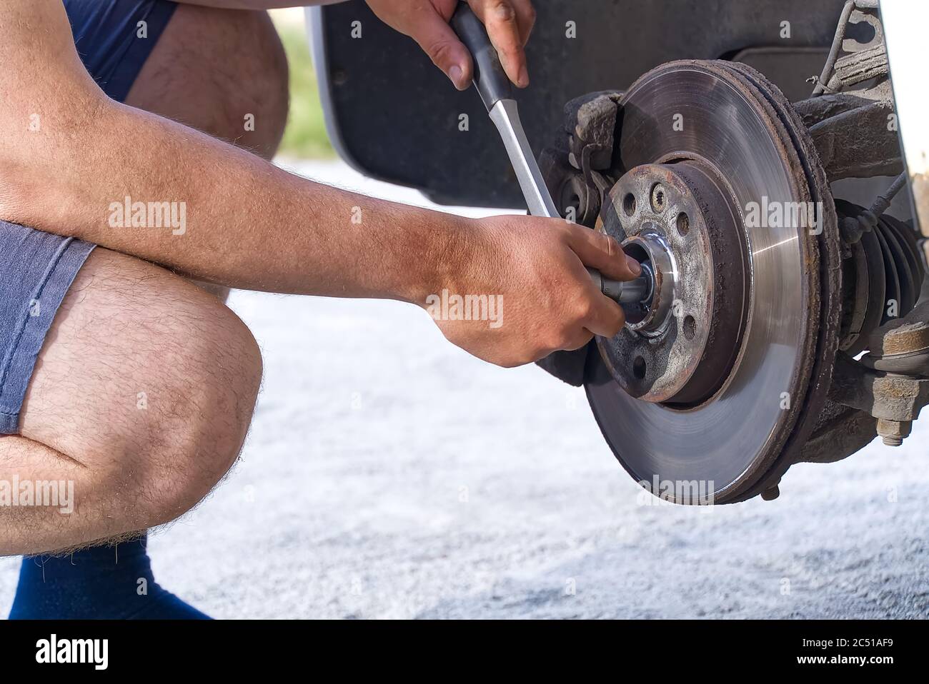 Old and dirty rear dump break of the vehicle for repair. Brakes on a ...