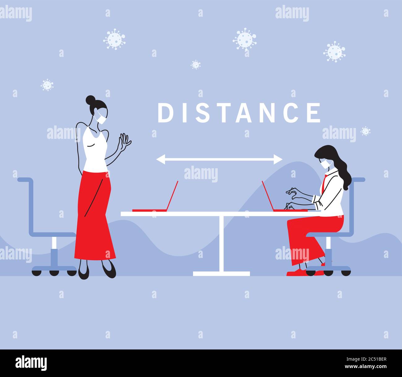 Social distancing between women with masks and laptops on table design ...