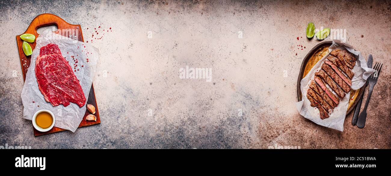 Meat Banner. Raw beef steak and grilled beef steak, dark background ...
