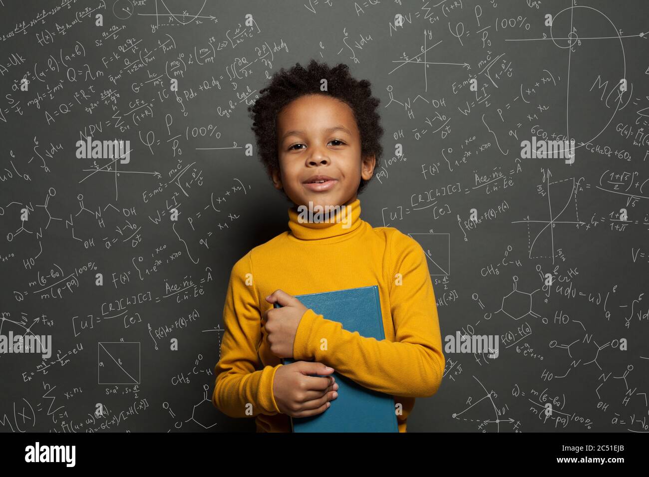 African American child student on blackboard background with science ...