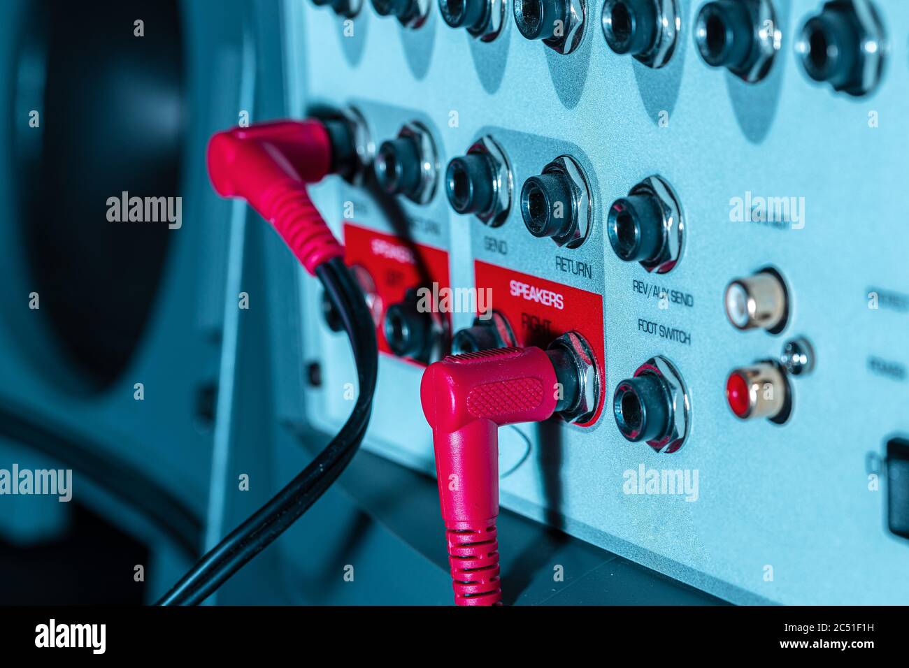 Rear panel of music system amplifier with wires Stock Photo - Alamy