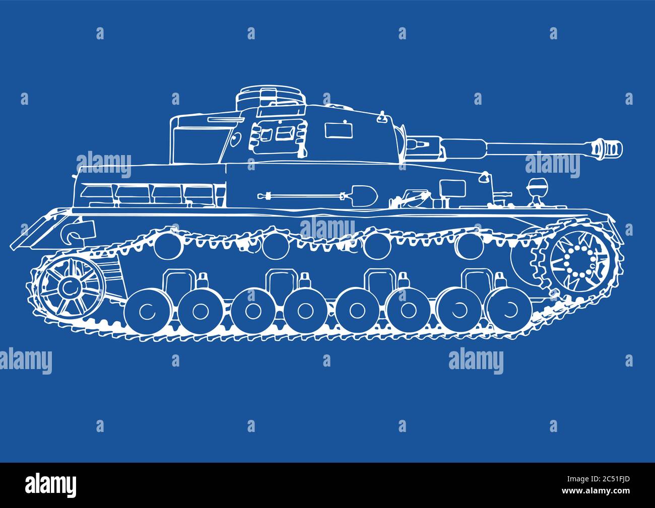 drawing of old military equipment tank on a blue background vector ...
