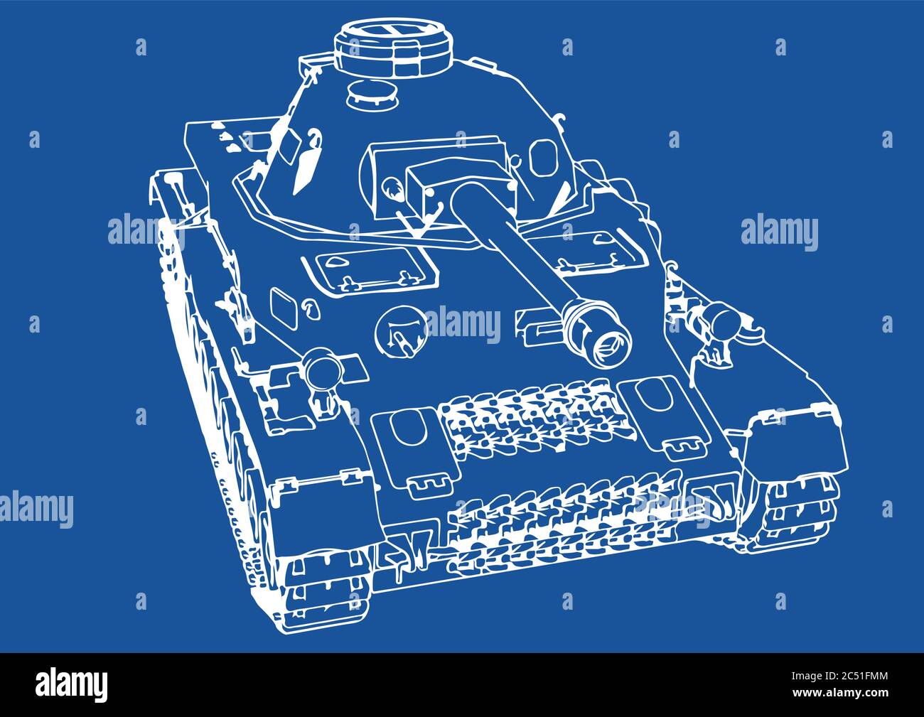 drawing of old military equipment tank on a blue background vector ...