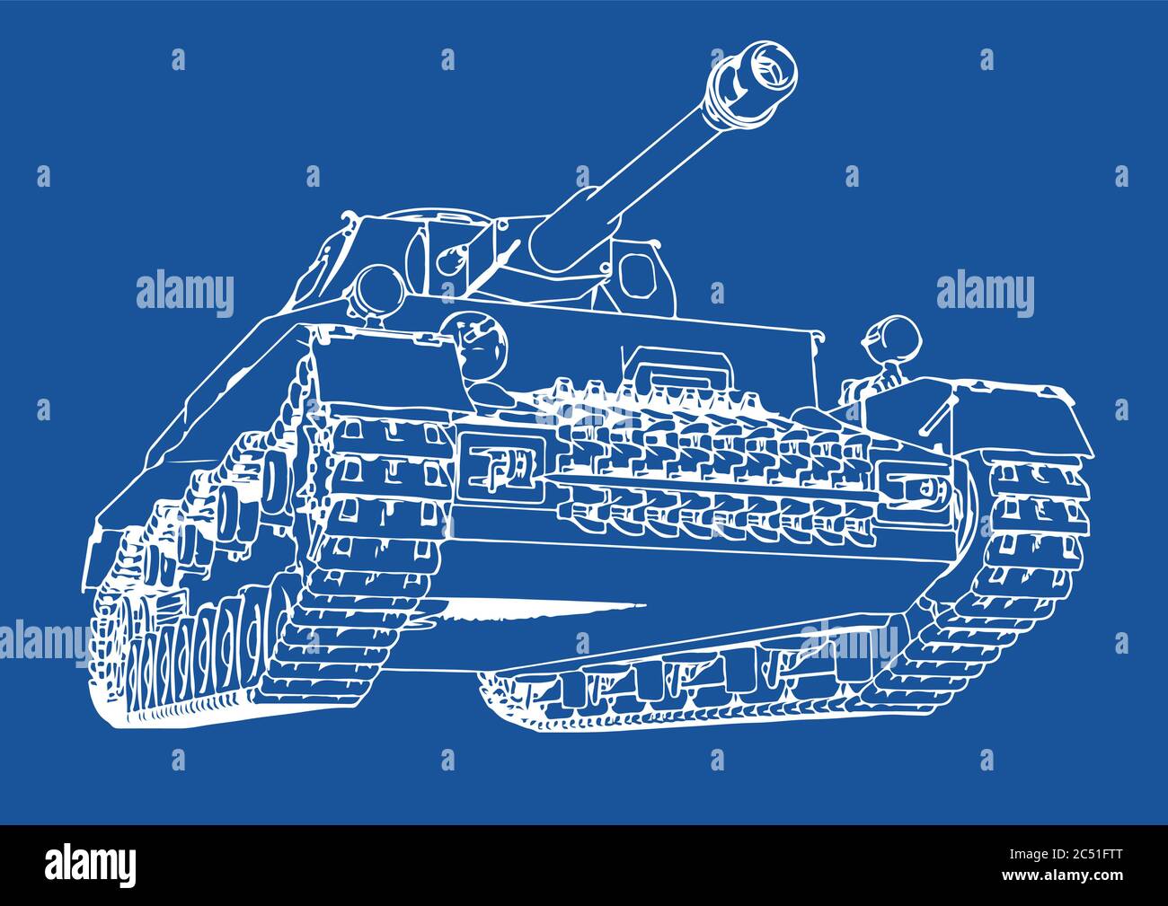 drawing of old military equipment tank on a blue background vector ...