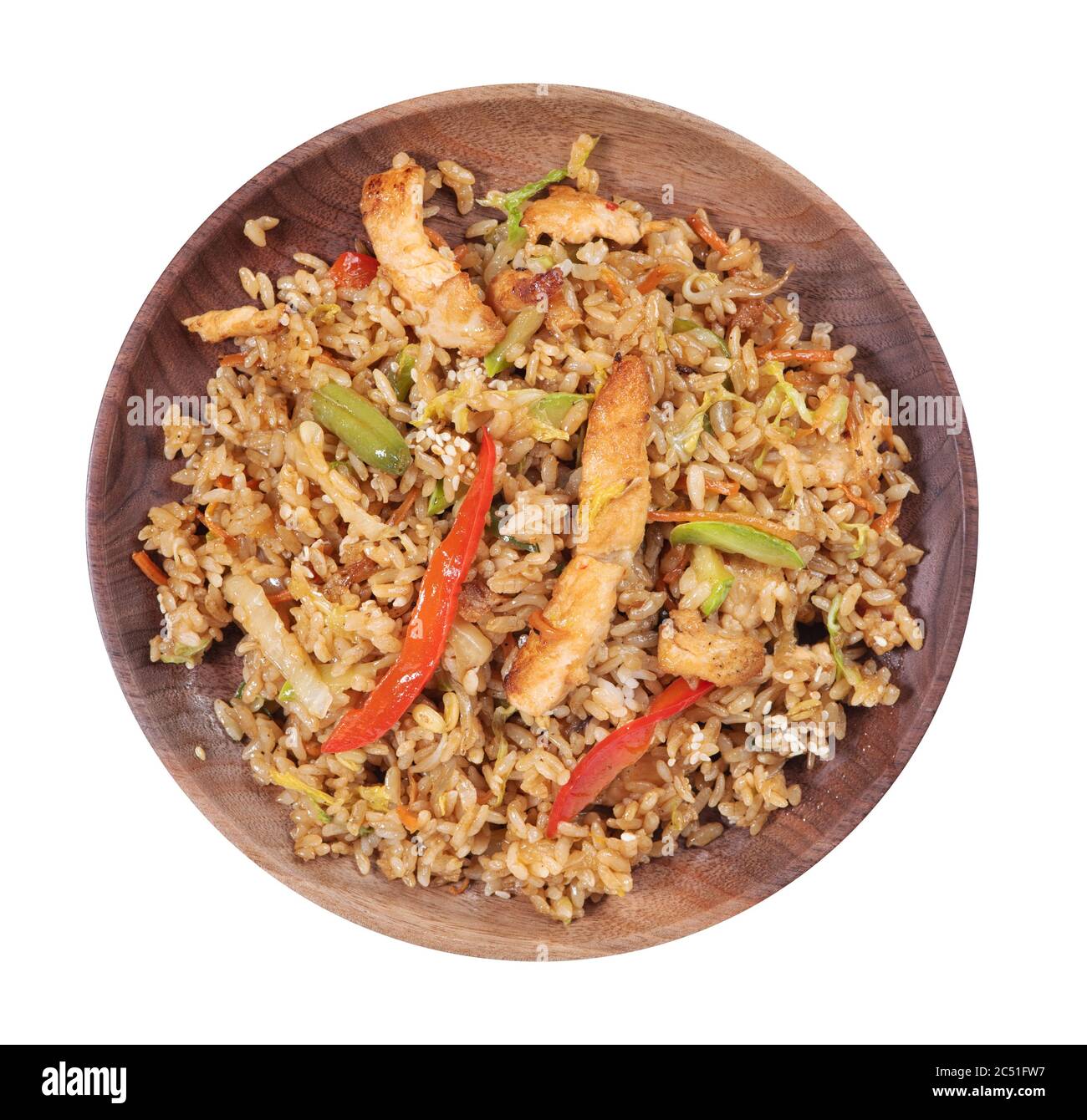 Rice with chicken and vegetables on a plate. Top view with clipping ...