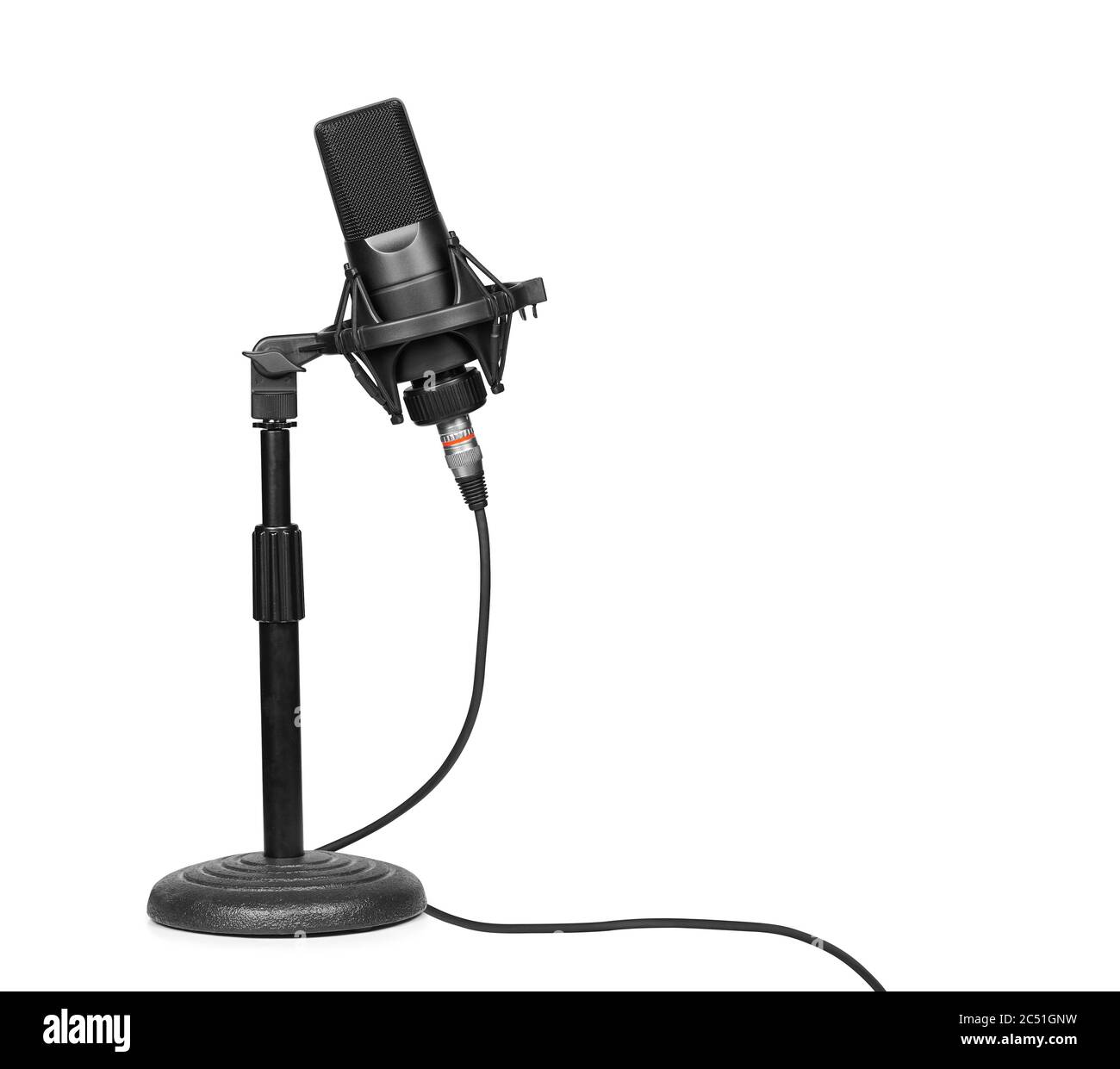 professional microphone on a desktop stand isolated over white with ...
