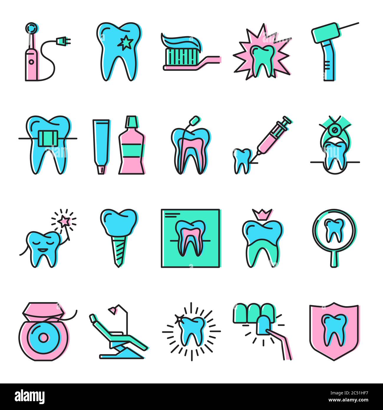 Stomatology and orthodontics icon set in line style with color. Dental ...