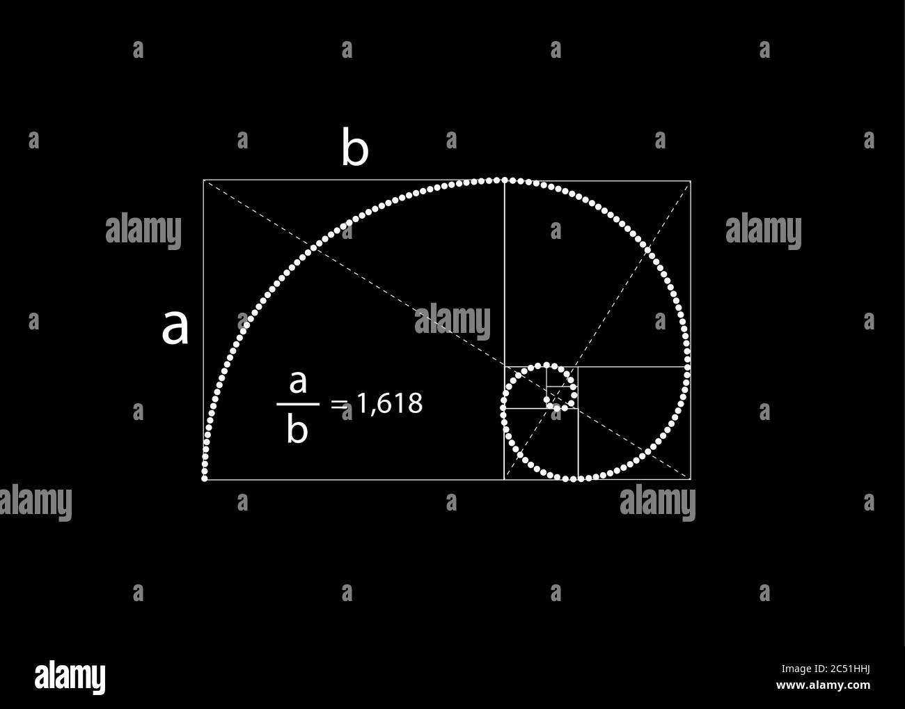 Golden ratio. Fibonacci number with the mathematical formula, golden section, divine proportion ...