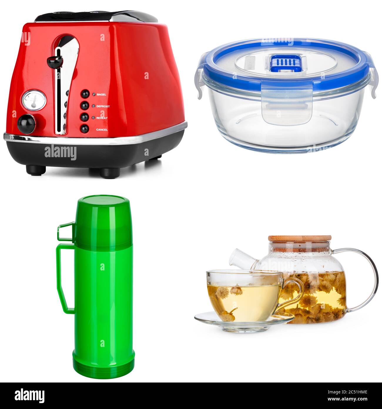 Collage of toaster and crockery on white background Stock Photo - Alamy