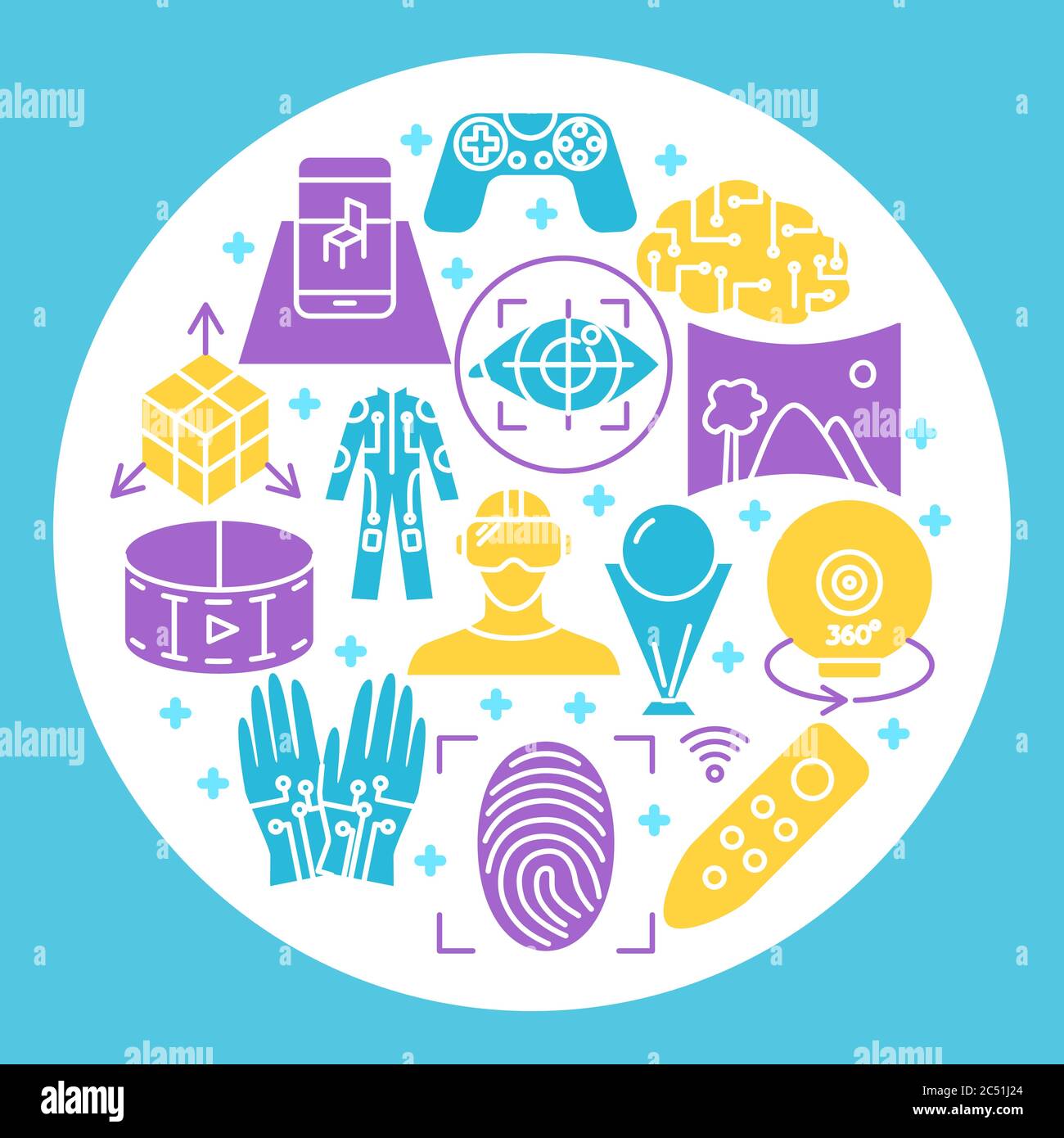 Virtual reality round concept banner in flat style. Modern computer ...