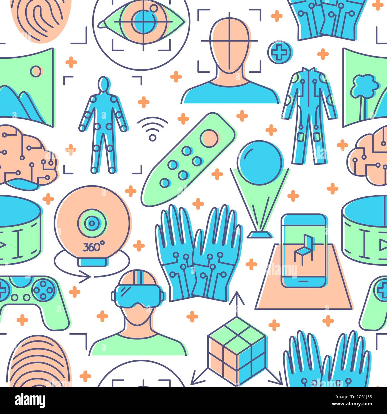 Colorful virtual reality seamless pattern in line style. Modern ...