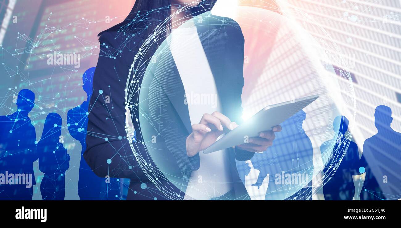 Businesswoman using tablet computer for online communication, collage ...