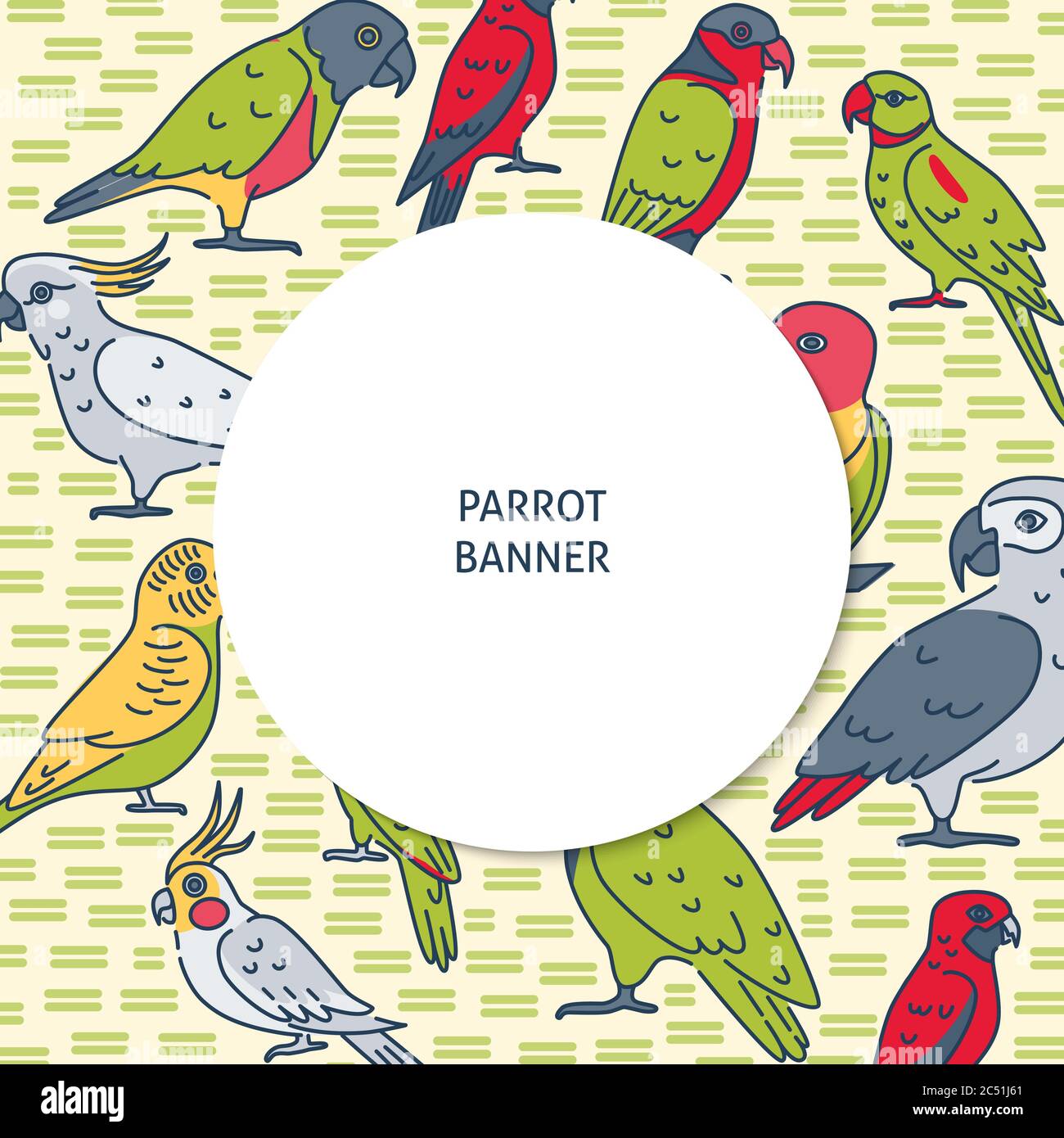 Colorful background with parrot icons in line style. Banner template ...
