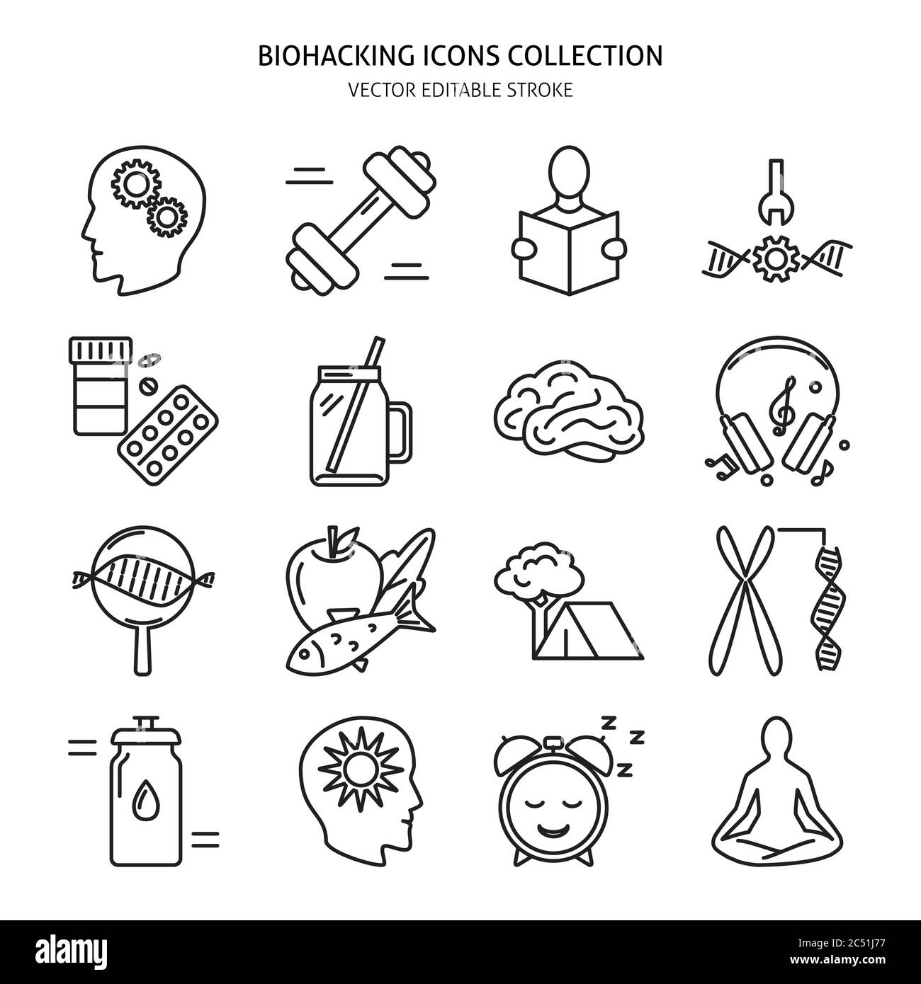 Biohacking icons set in line style. Health improvement concept symbols ...