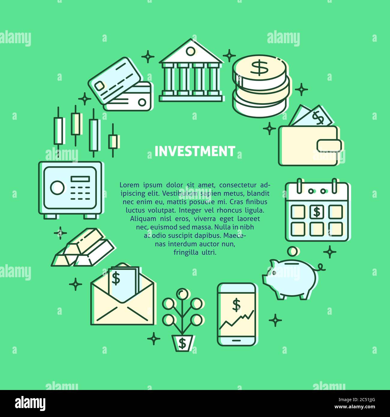 Investment and money round concept in colored line style. Banking and ...