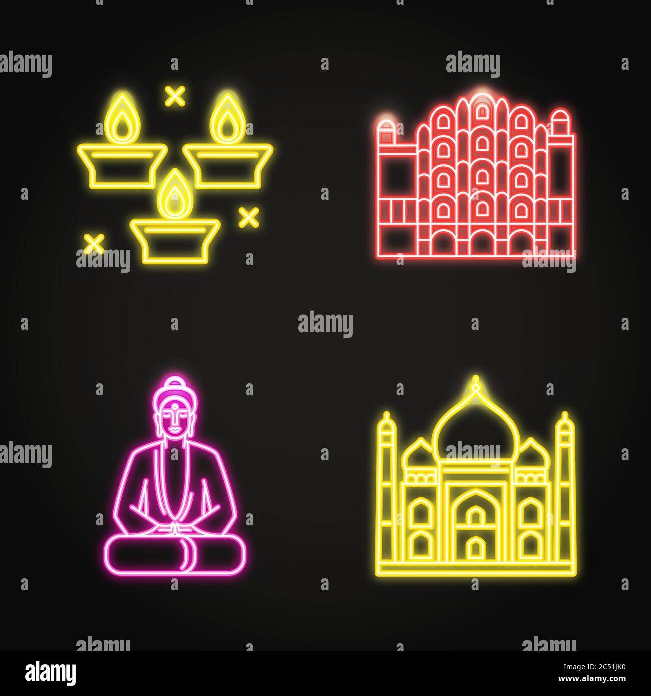 India icons set in glowing neon style. Traditional symbols including ...