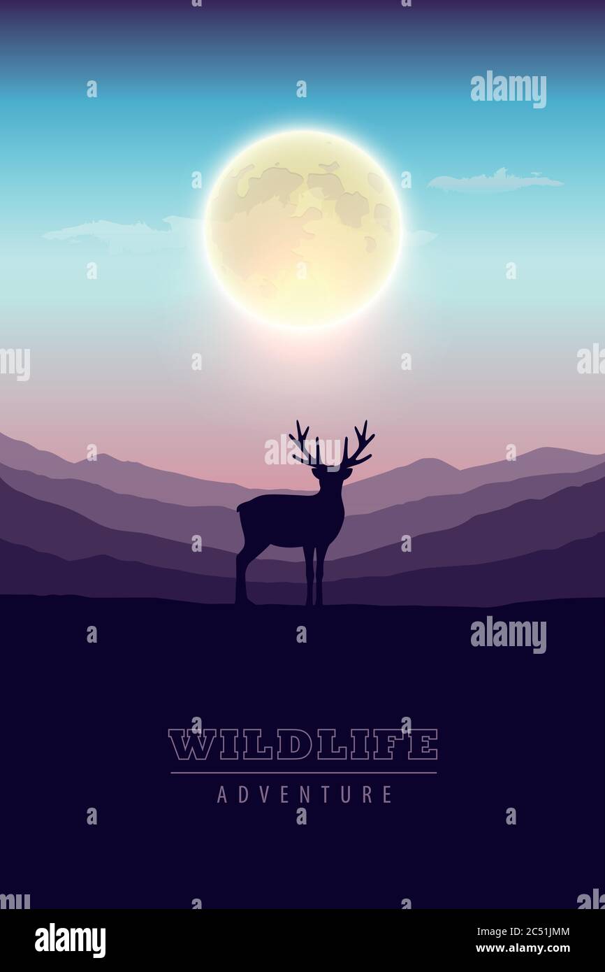 wildlife adventure elk in the wilderness at night by full moon vector ...