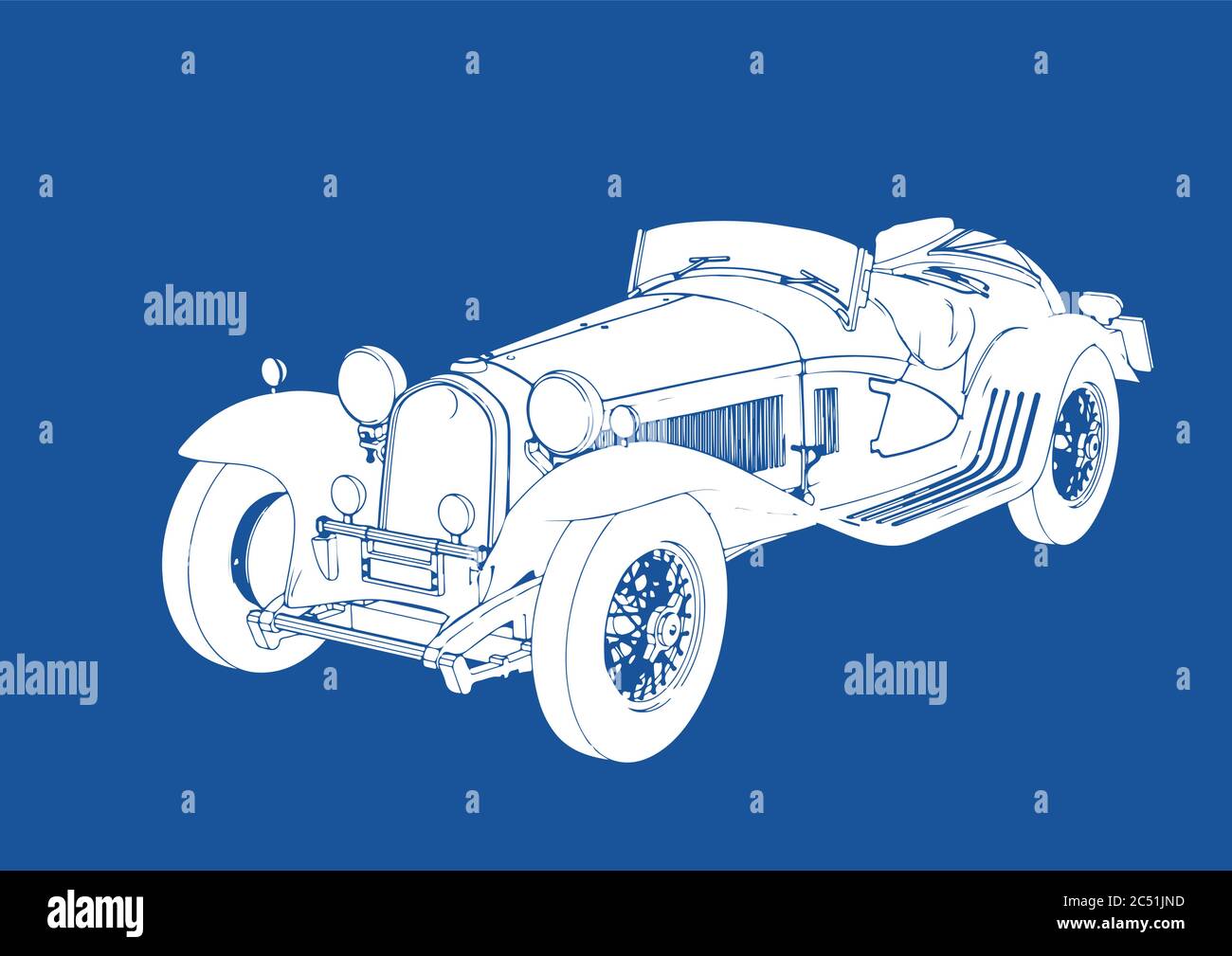 drawing of a retro car in white on a blue background Stock Vector Image ...