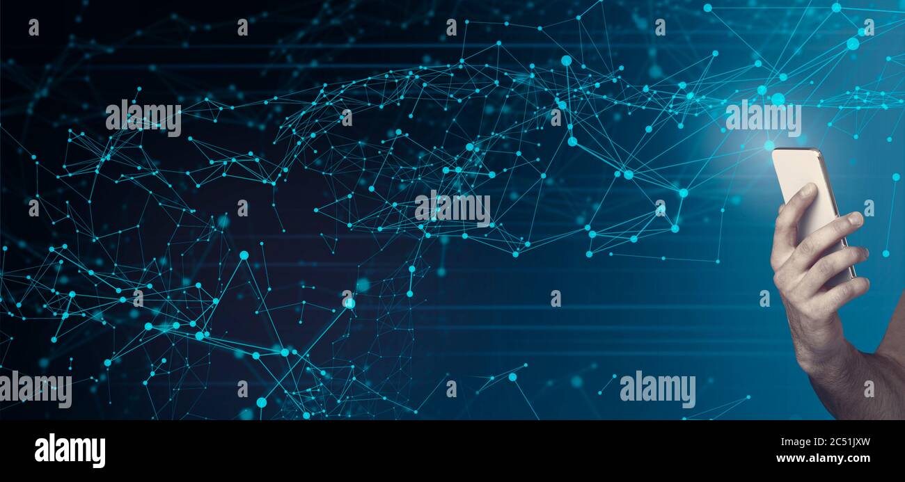 Modern technologies and global connections. Man holding smartphone and ...