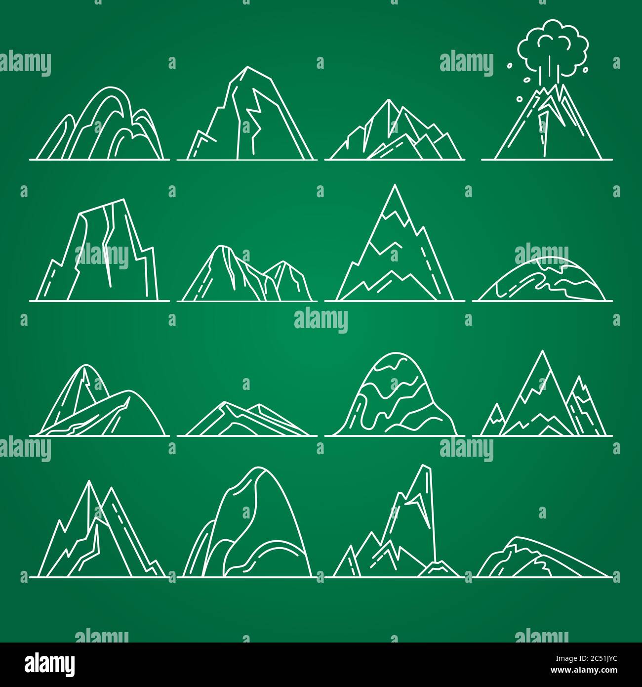 Collection of mountain icons in thin line style. Different rock and ...