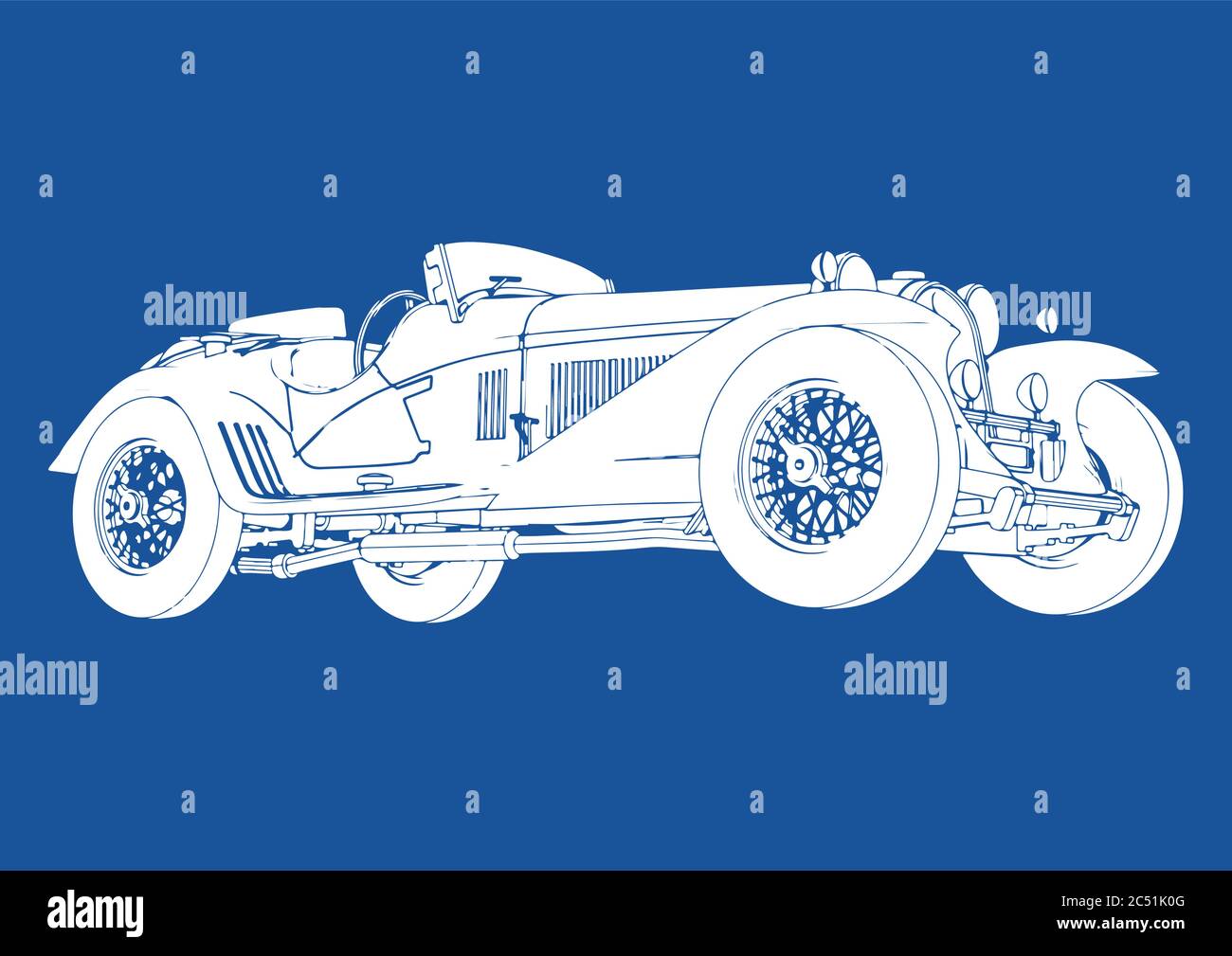 drawing of a retro car in white on a blue background Stock Vector Image ...