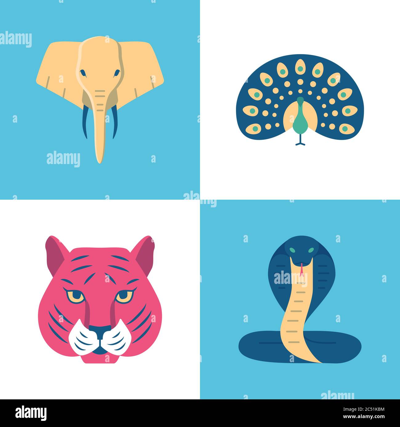 India sacred animals icons set in flat style. Elephant, cobra snake ...