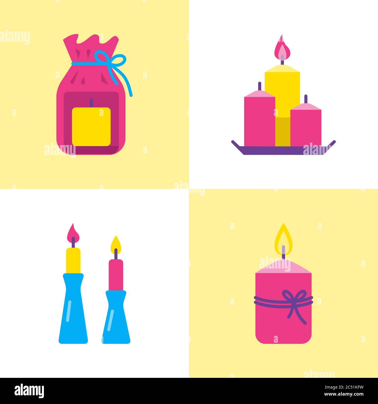 Bright candle icons set in flat style. Light source with burning flame ...