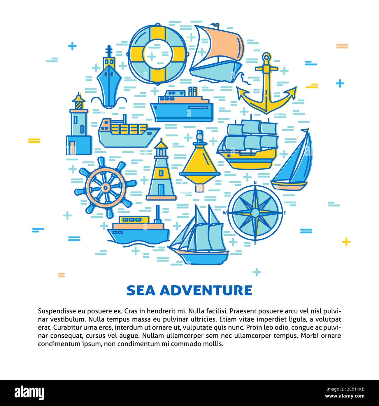 Sea adventure round concept banner or poster template in line style ...