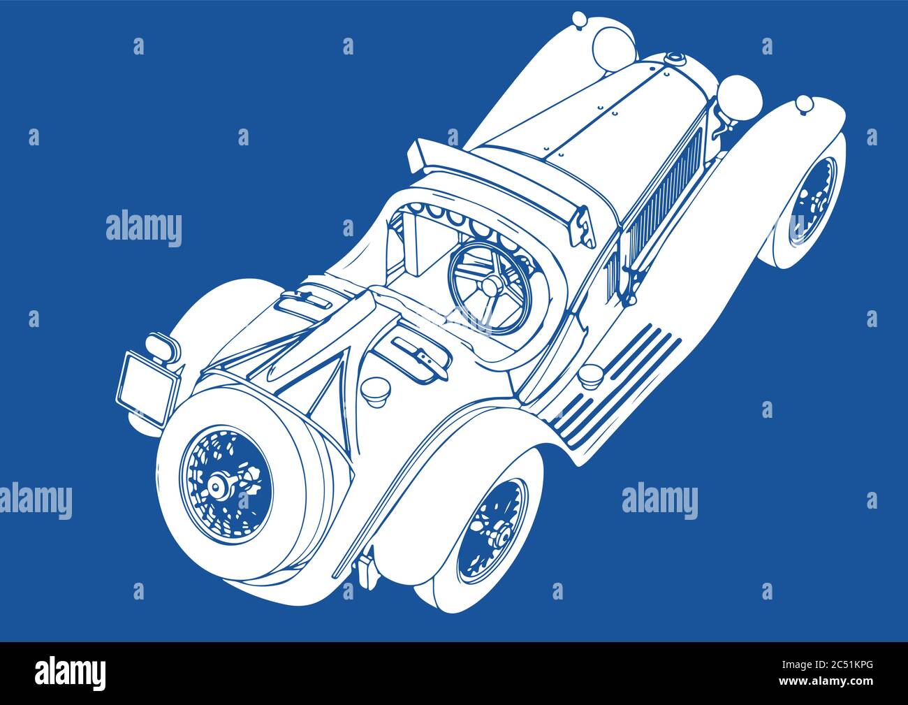 drawing of a retro car in white on a blue background Stock Vector Image ...