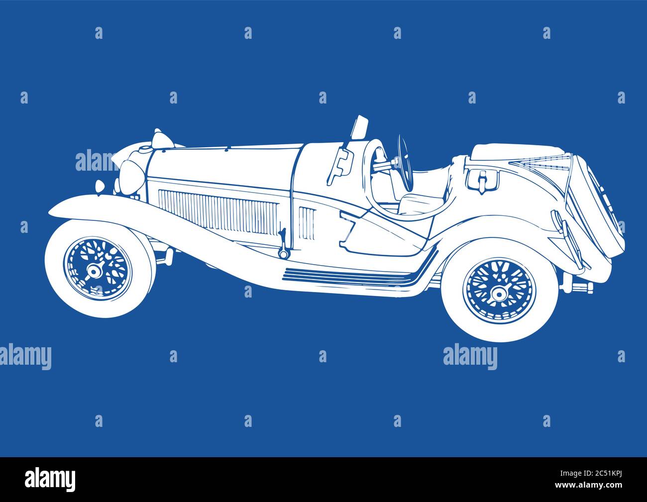 drawing of a retro car in white on a blue background Stock Vector Image ...