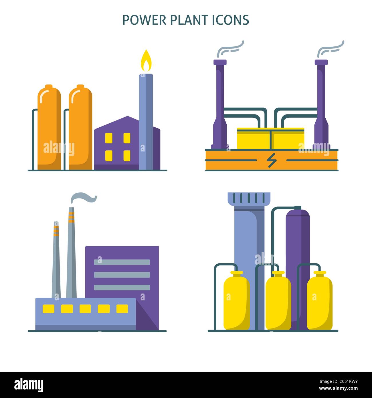 Power plant icons collection in flat style. Energy industrial symbols ...