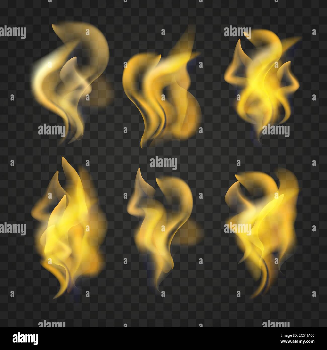 Collection of transparent realistic fire flames isolated on dark ...
