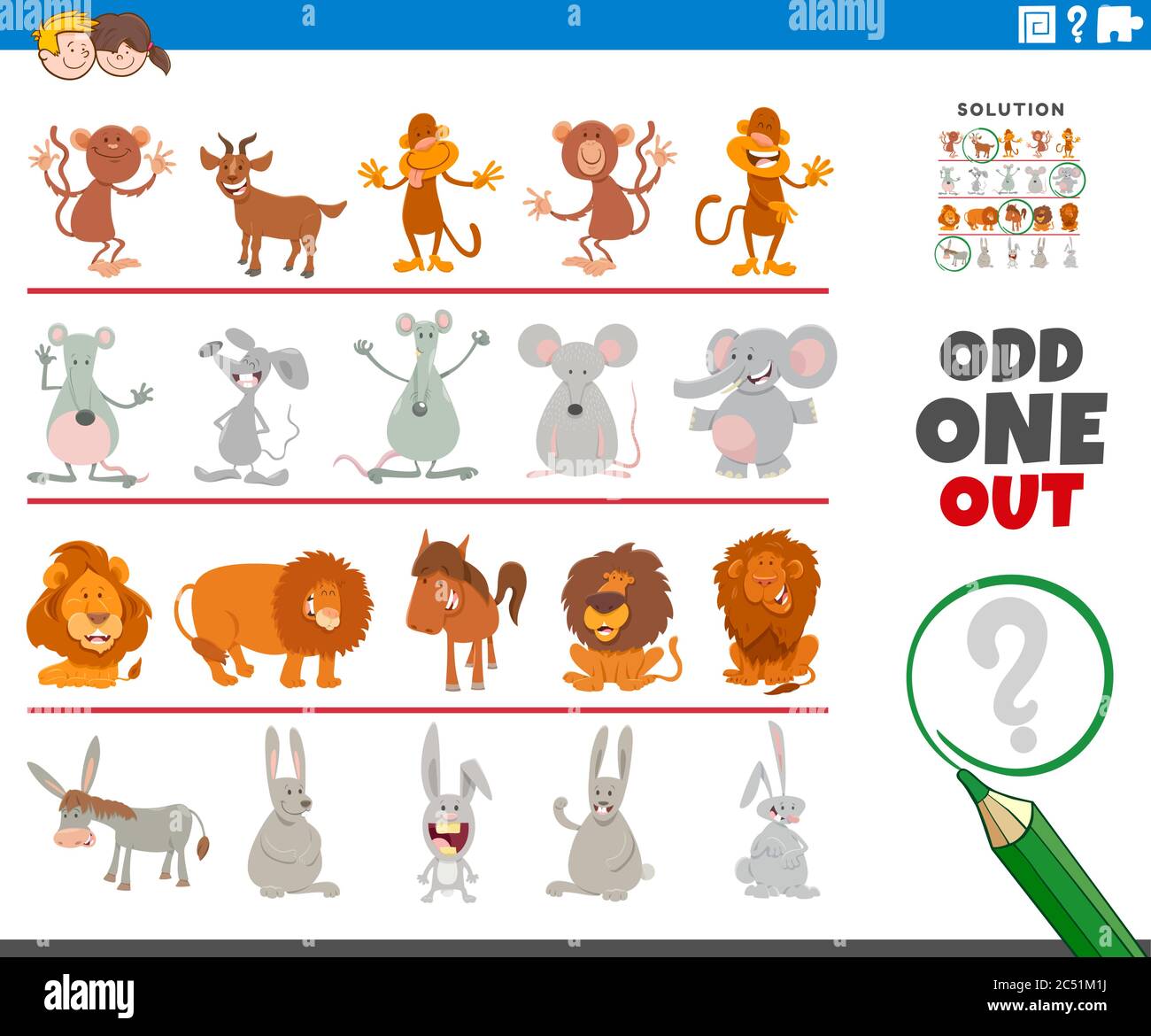 Cartoon Illustration of Odd One Oute Picture in a Row Educational Game ...
