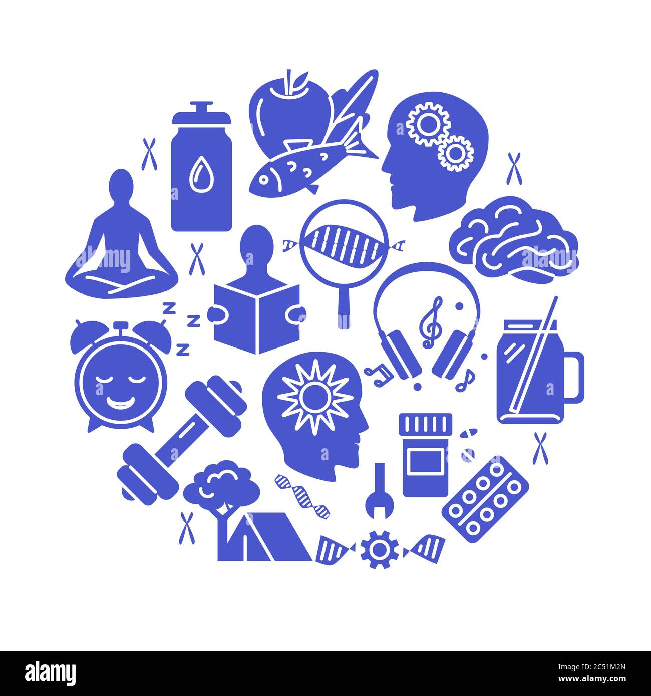 Biohacking round concept banner with silhouette icons in flat style ...