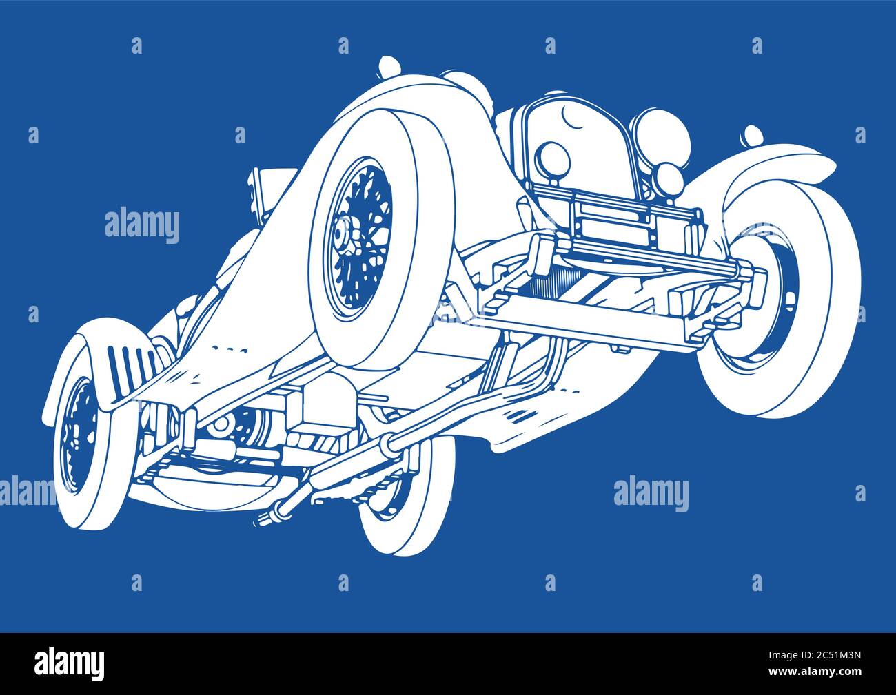 drawing of a retro car in white on a blue background Stock Vector Image ...