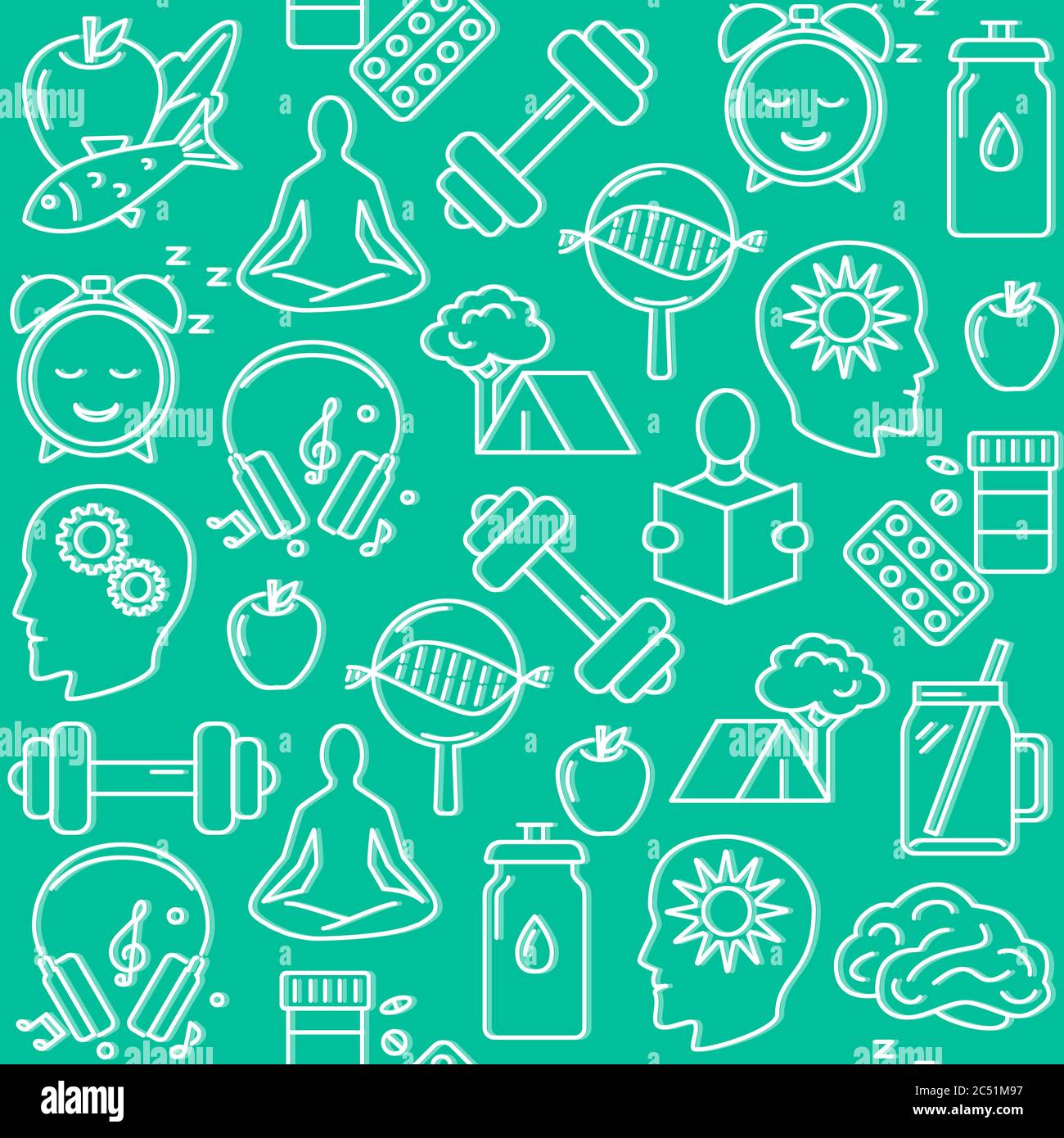 Health improvement seamless pattern in line style. Healthy lifestyle ...