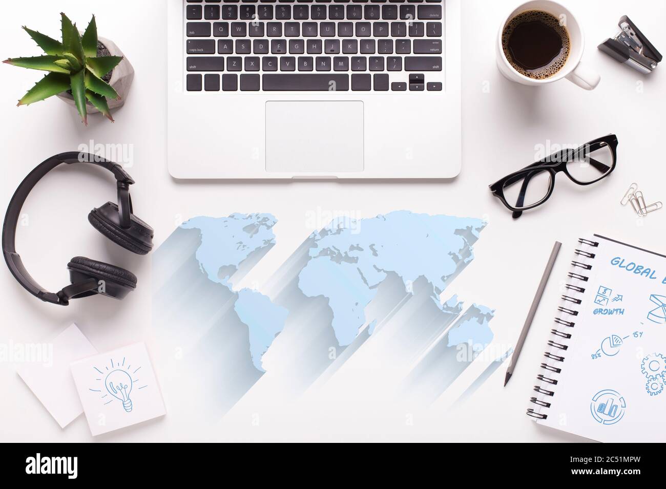 Global economy. Collage with world map, laptop computer and office ...