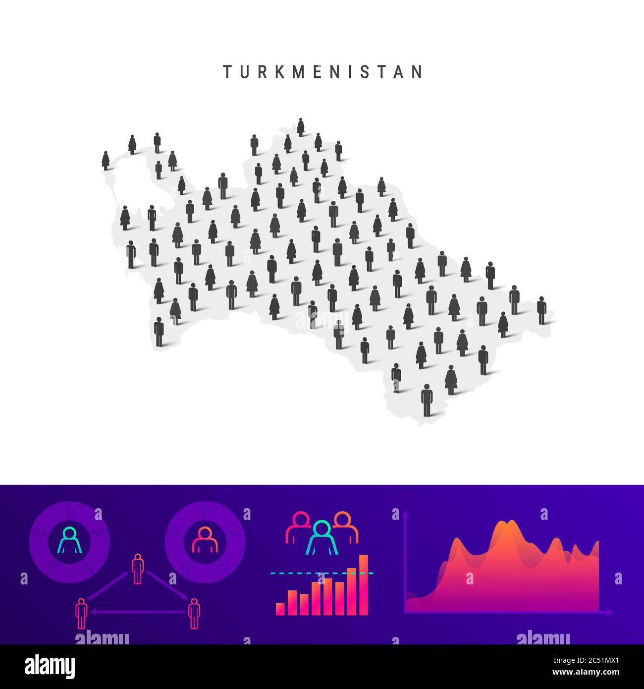 Turkmen people map. Detailed vector silhouette. Mixed crowd of men and ...