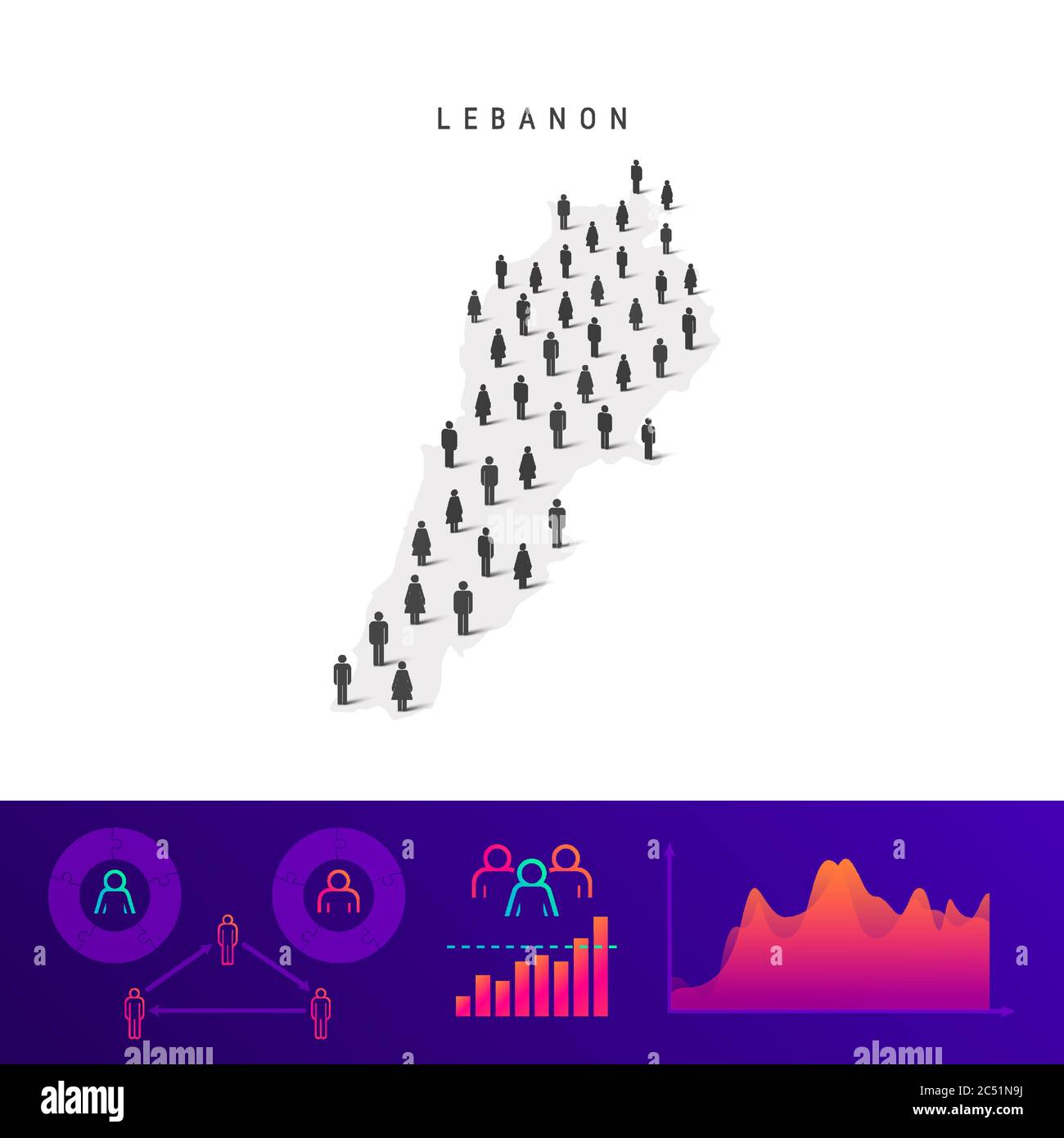 Lebanese people map. Detailed vector silhouette. Mixed crowd of men and ...