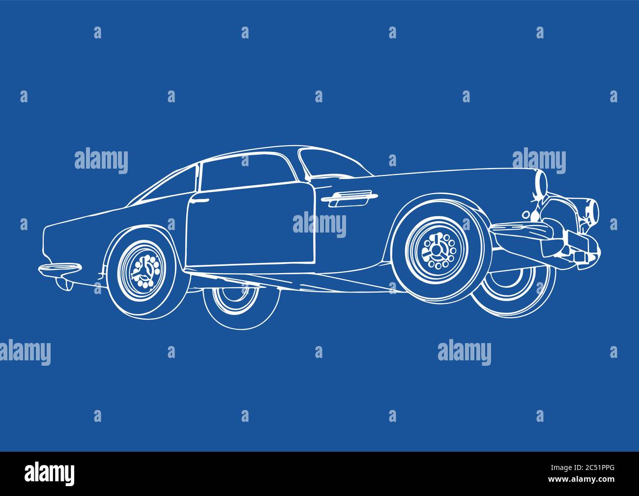 drawing of a retro car on a blue background vector Stock Vector Image ...