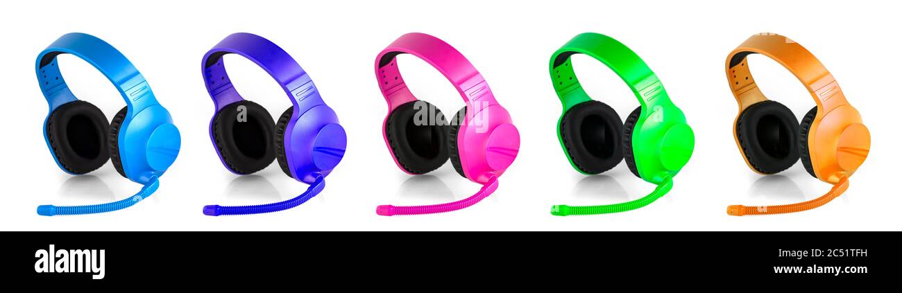 the set of colored headset with microphone isolated over white Stock ...