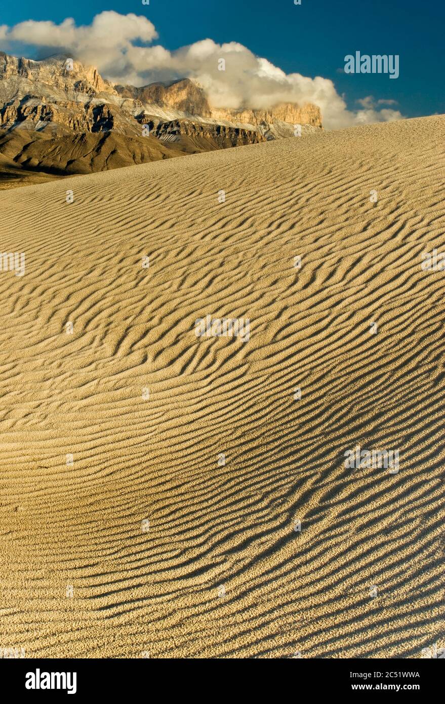 Salt Basin Dunes in front of western escarpment of snowcapped Guadalupe ...
